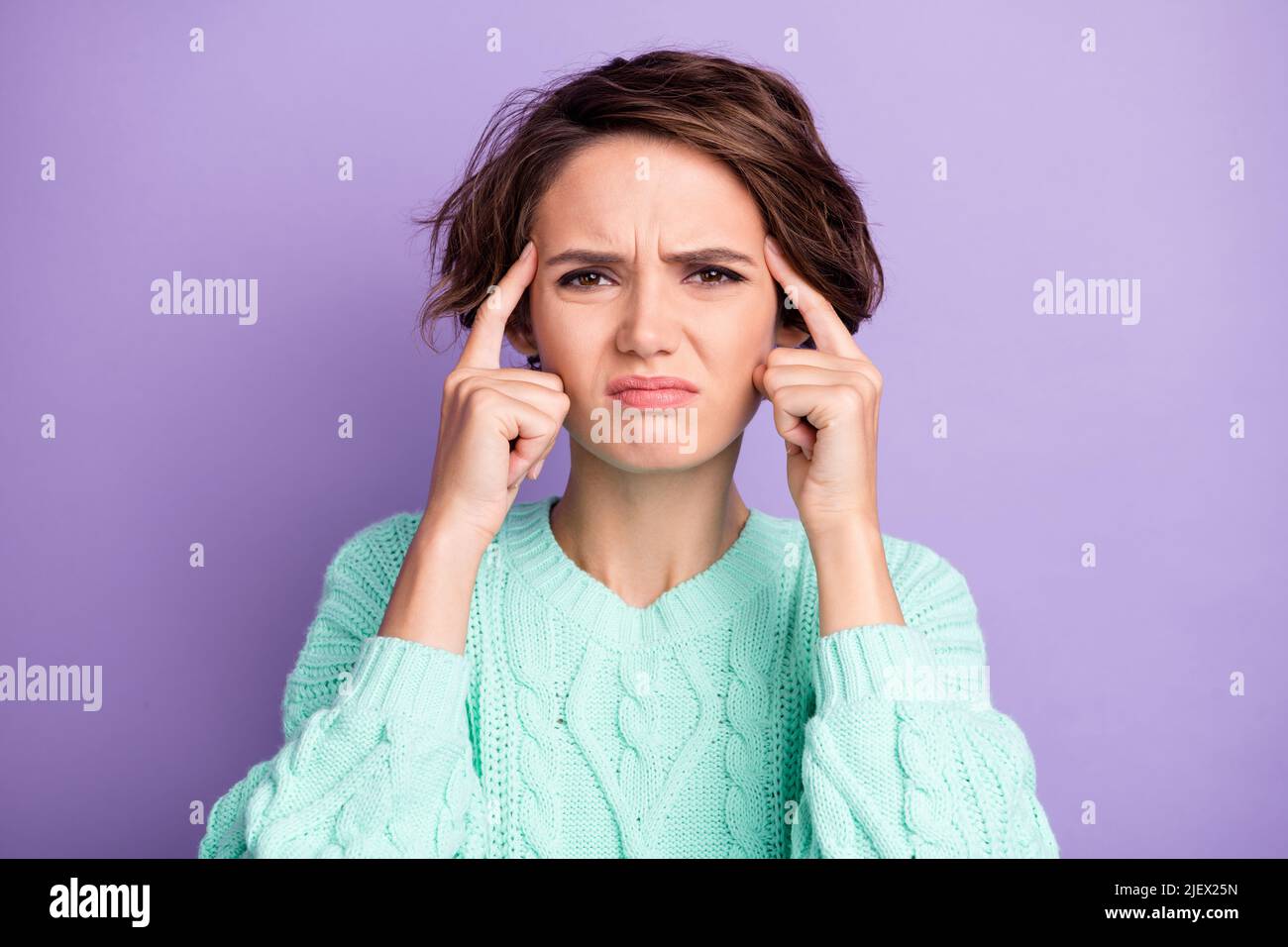 Photo of young attractive girl unhappy sad upset fingers touch head ...