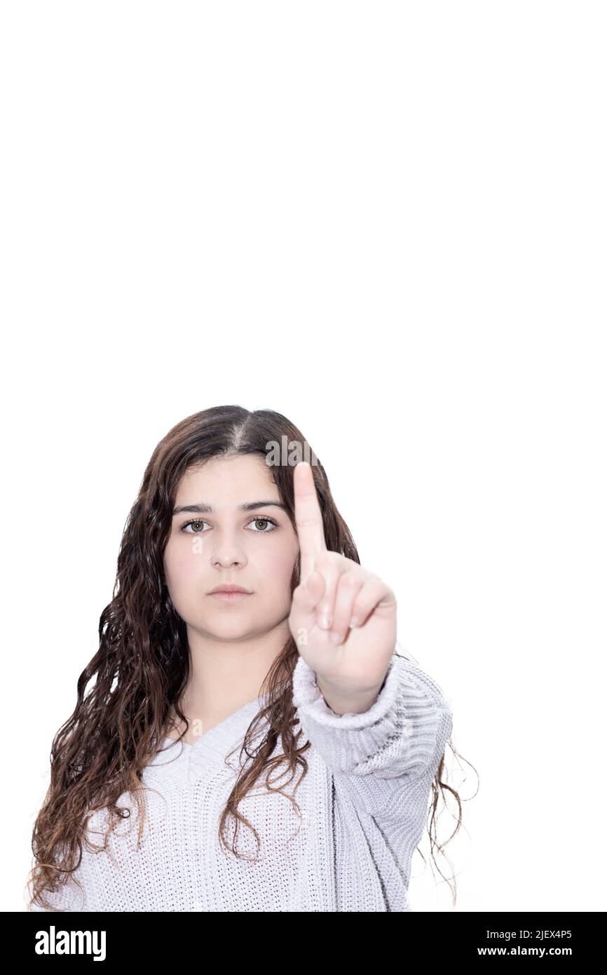 brunette woman raising a finger as a sign that she is the best on white ...