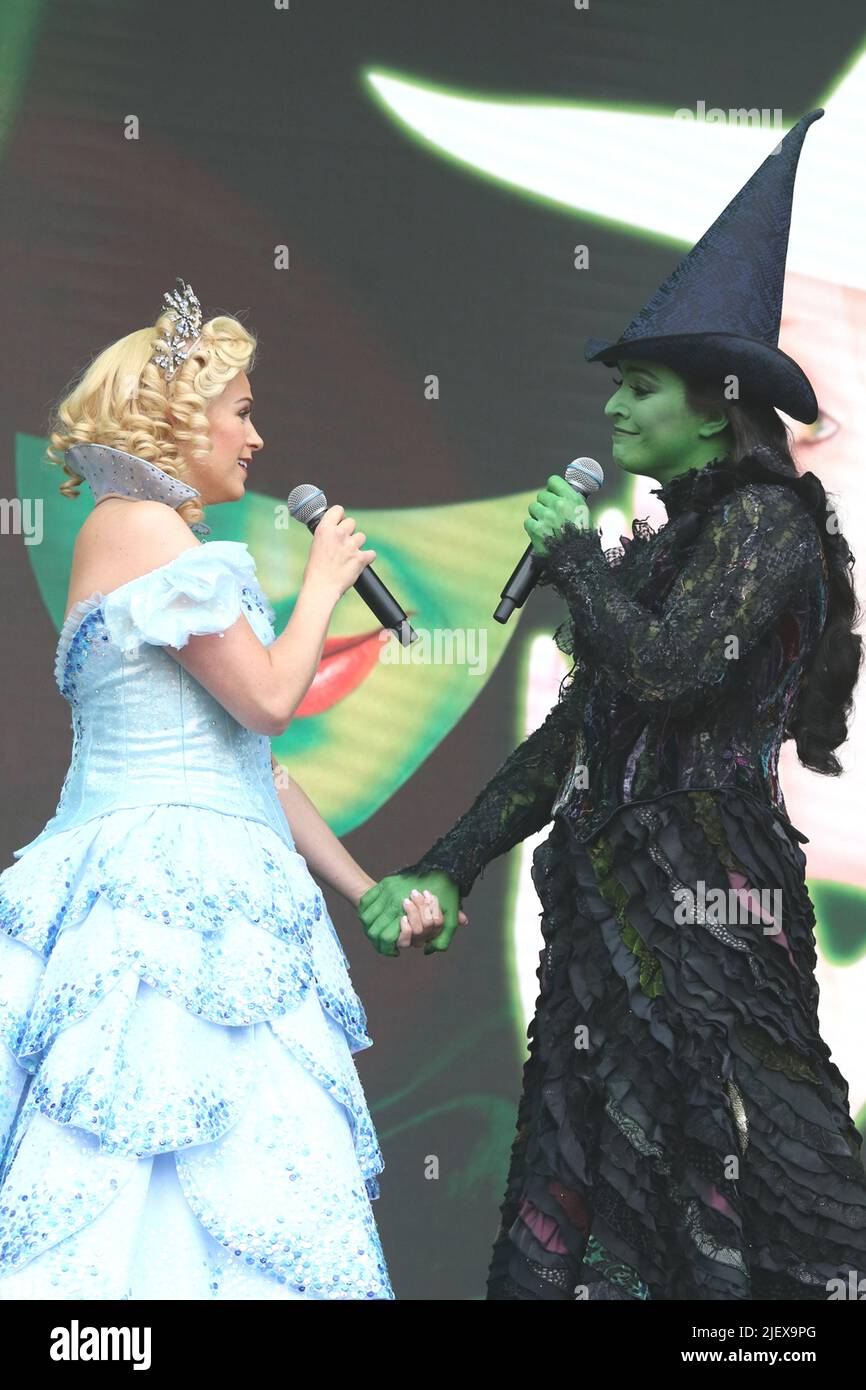 Helen Woolf as Glinda and Lucie Jones as Elphaba in Wicked at West End ...