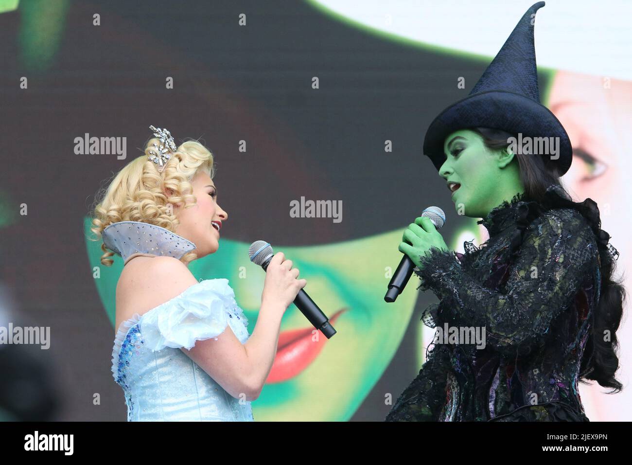 Helen Woolf as Glinda and Lucie Jones as Elphaba in Wicked at West End ...