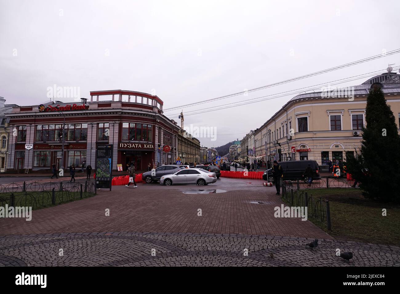 Kiev, Ukraine January 31, 2020: Kontraktova Square in Kiev on Podil ...
