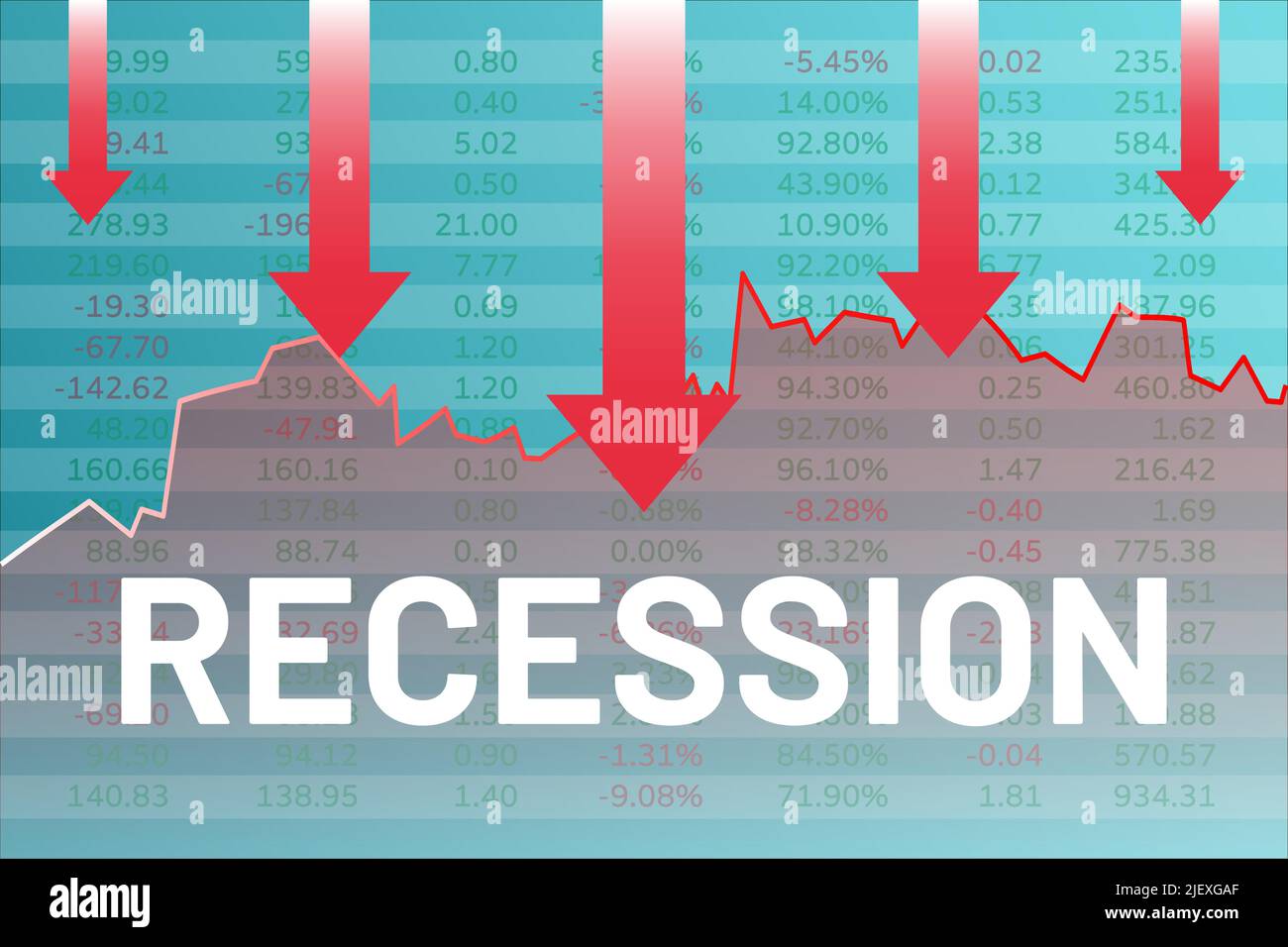 Word Recession on blue finance background with red arrow down. Global ...