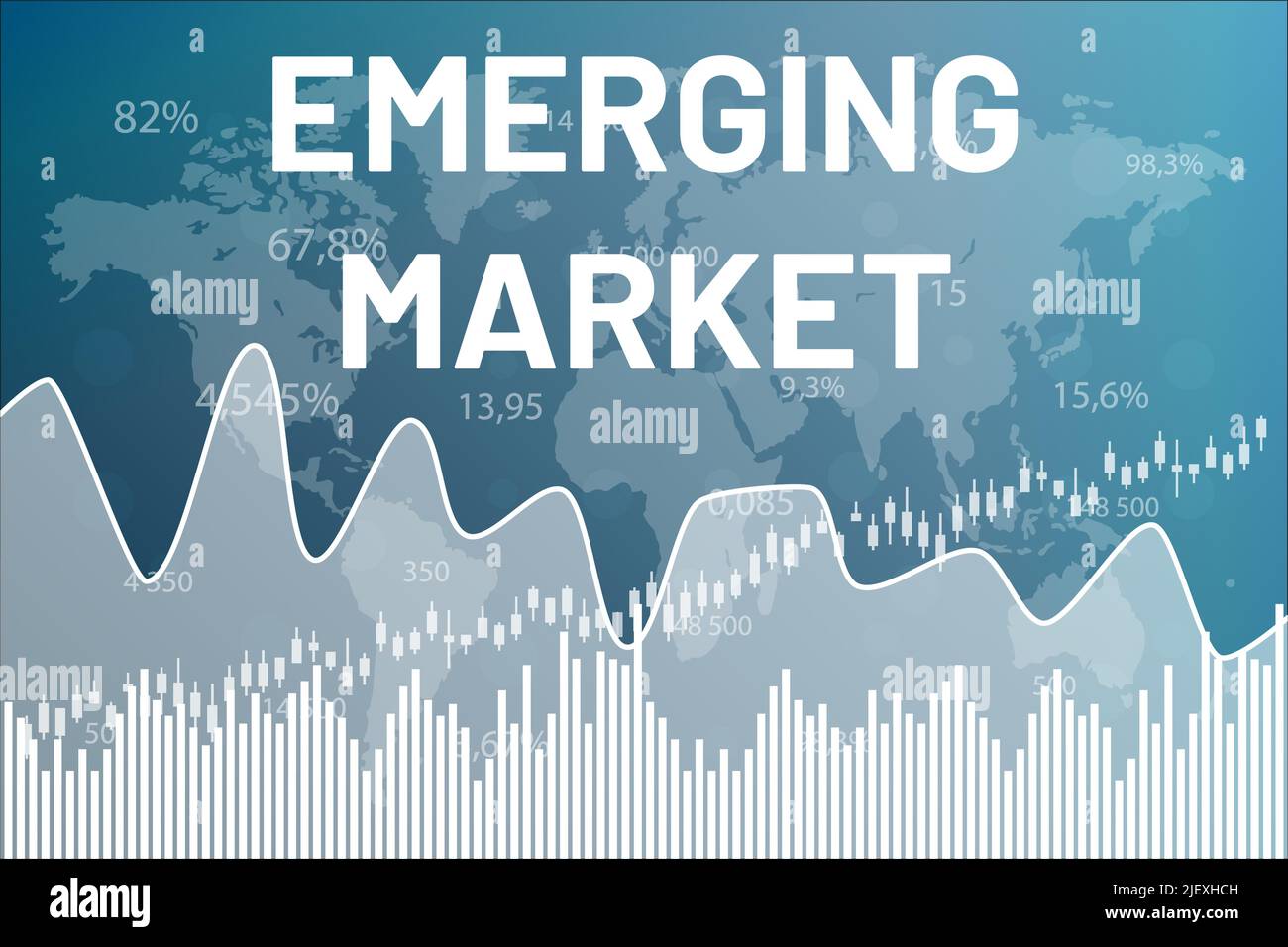 Words Emerging market on blue finance background with line, columns ...