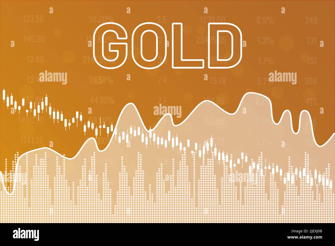 Word Gold on yellow finance background with columns, line, candlesticks ...