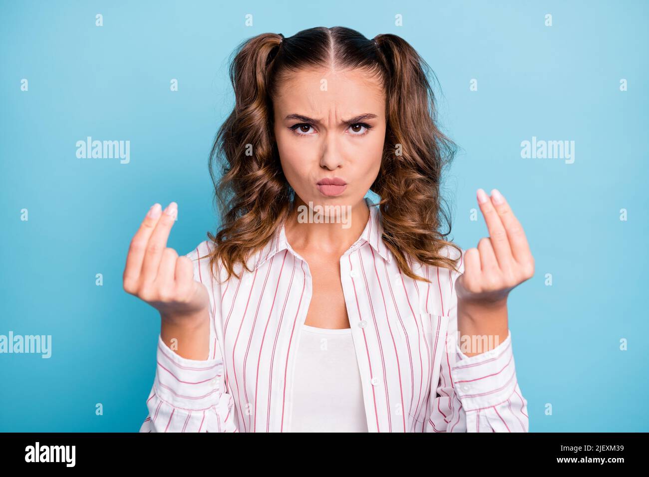 Photo portrait pretty displeased angry girl with tails asking money ...