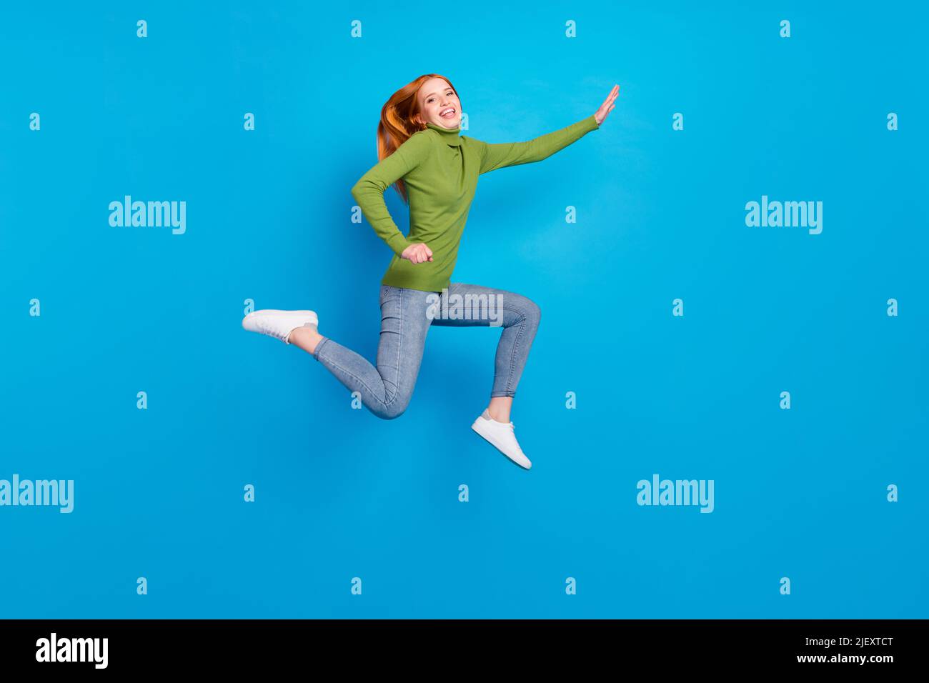 Full length body size view of attractive glad cheerful girl jumping ...