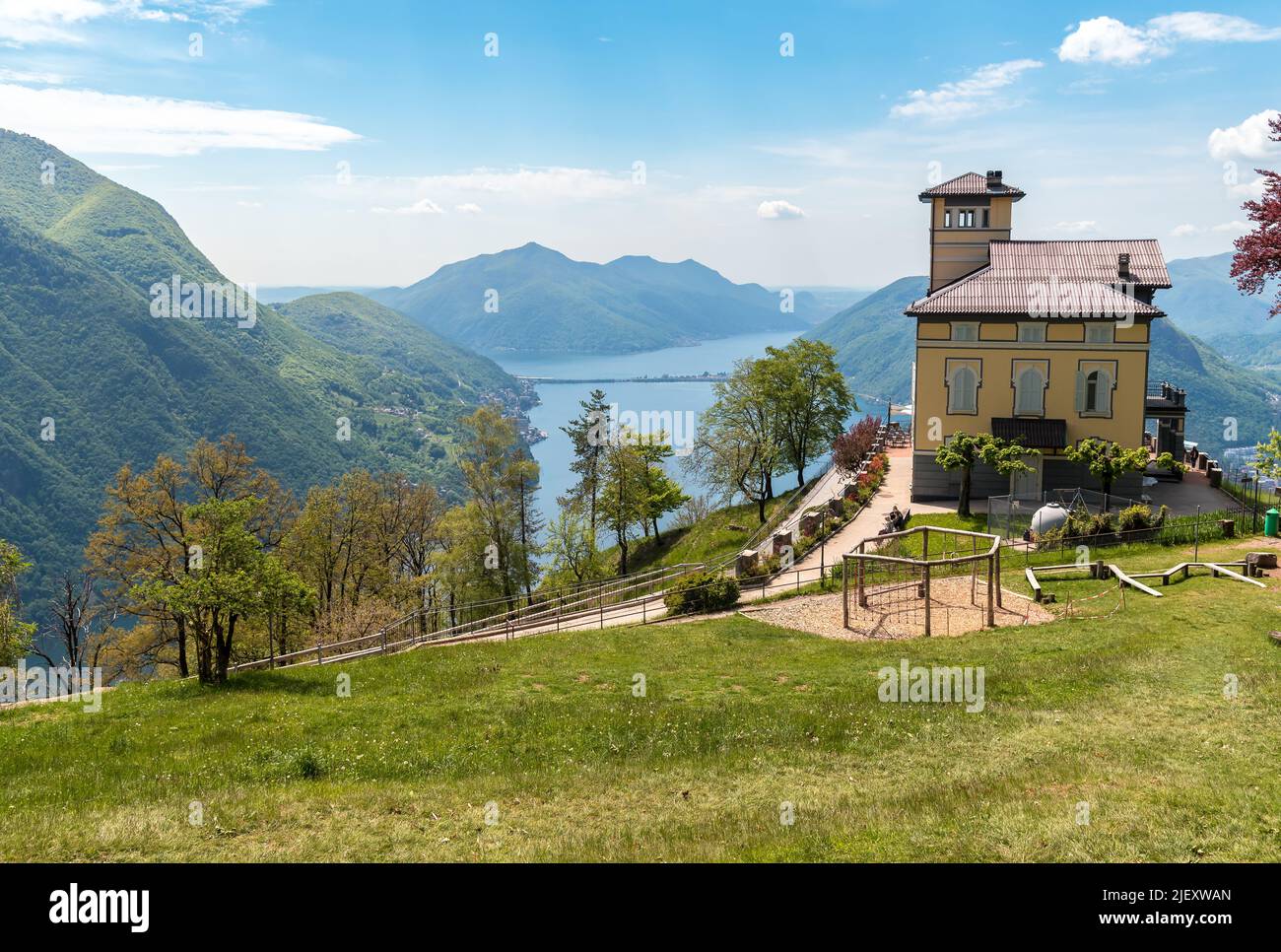 Spring landscape from Mount Bre, with view of lake Lugano, range of ...
