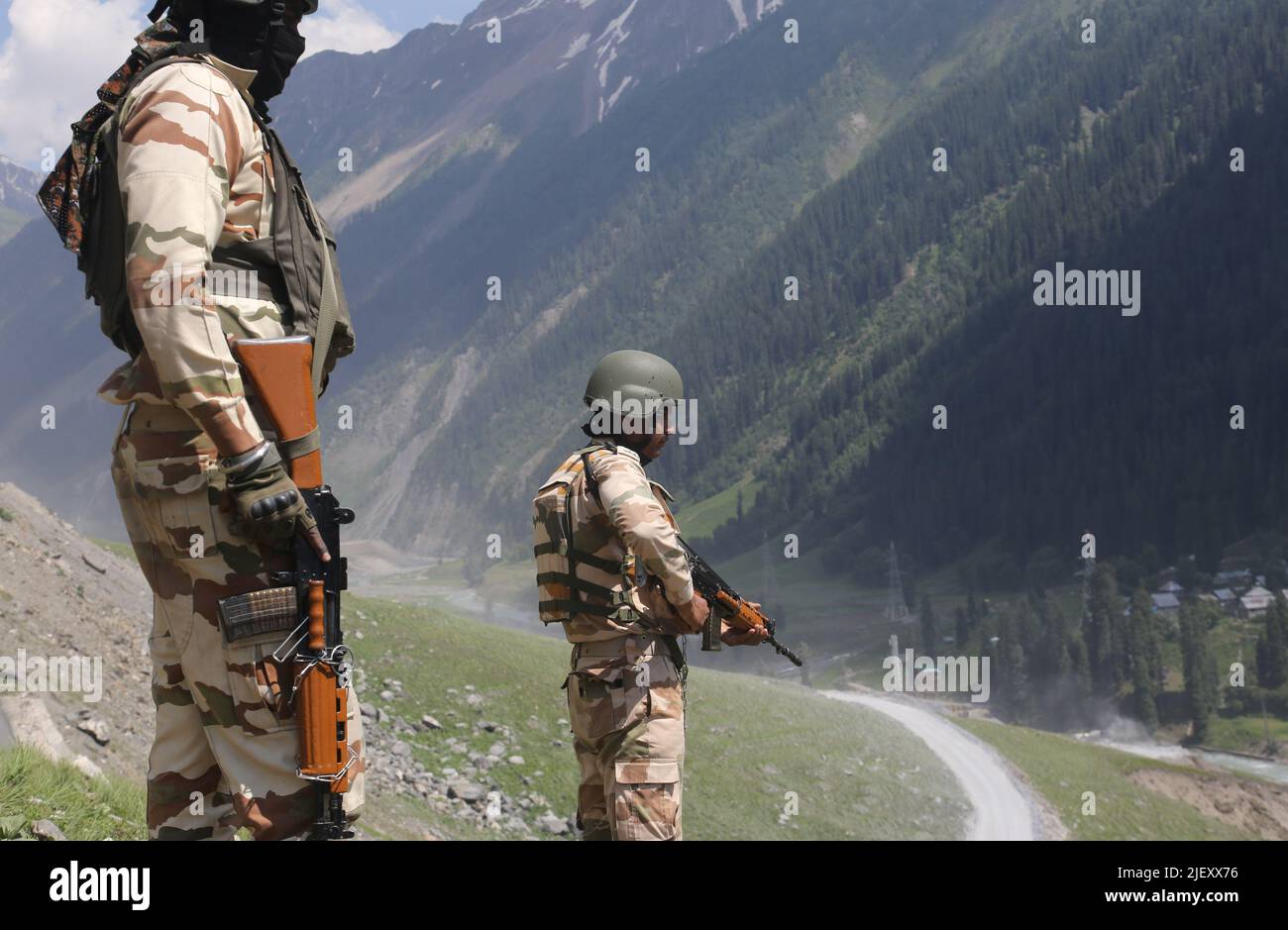 Indian Security Force soldiers stands guard at Baltal in Sonmarg, ahead ...