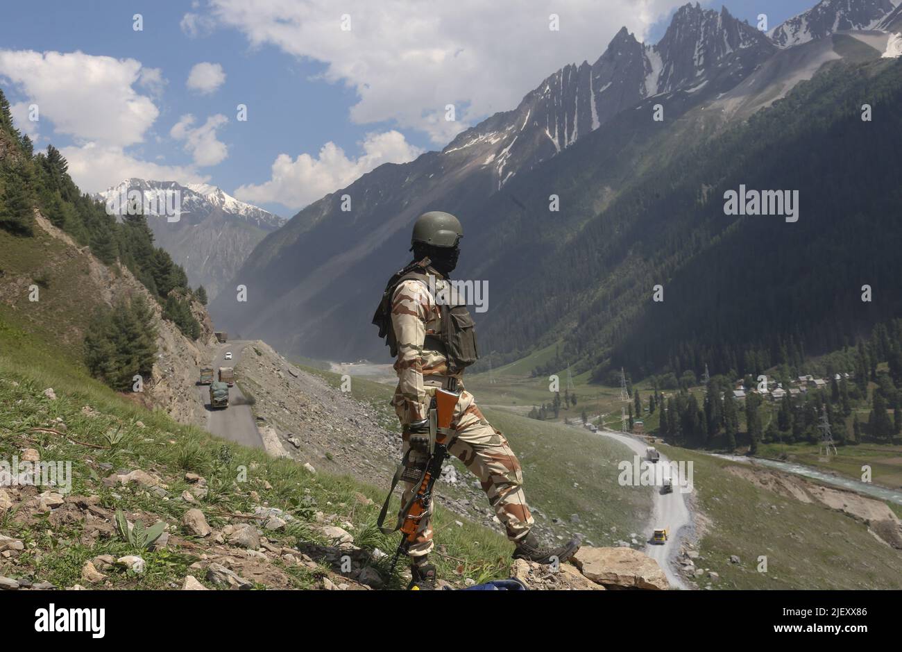 Indian Security Force soldiers stands guard at Baltal in Sonmarg, ahead ...