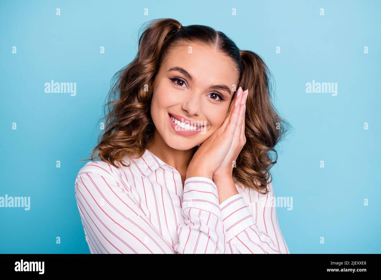 Photo portrait cute nice pretty female student keeping hands together ...