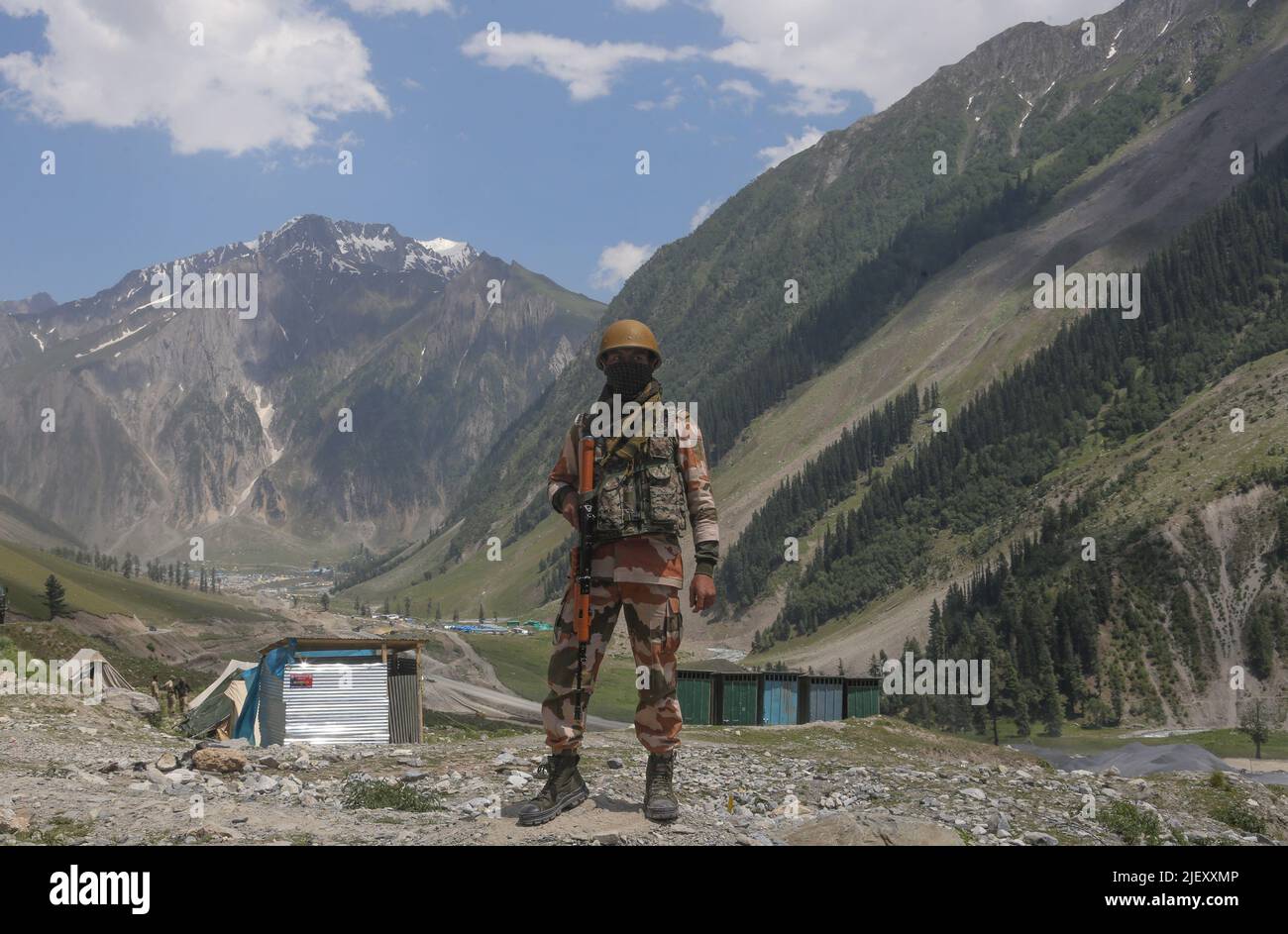 Indian Security Force soldiers stands guard at Baltal in Sonmarg, ahead ...