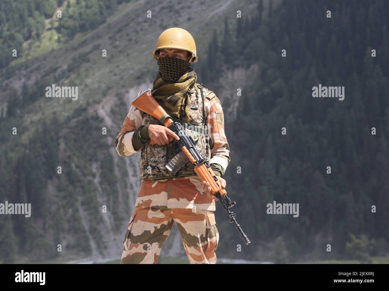 Indian Security Force soldiers stands guard at Baltal in Sonmarg, ahead ...