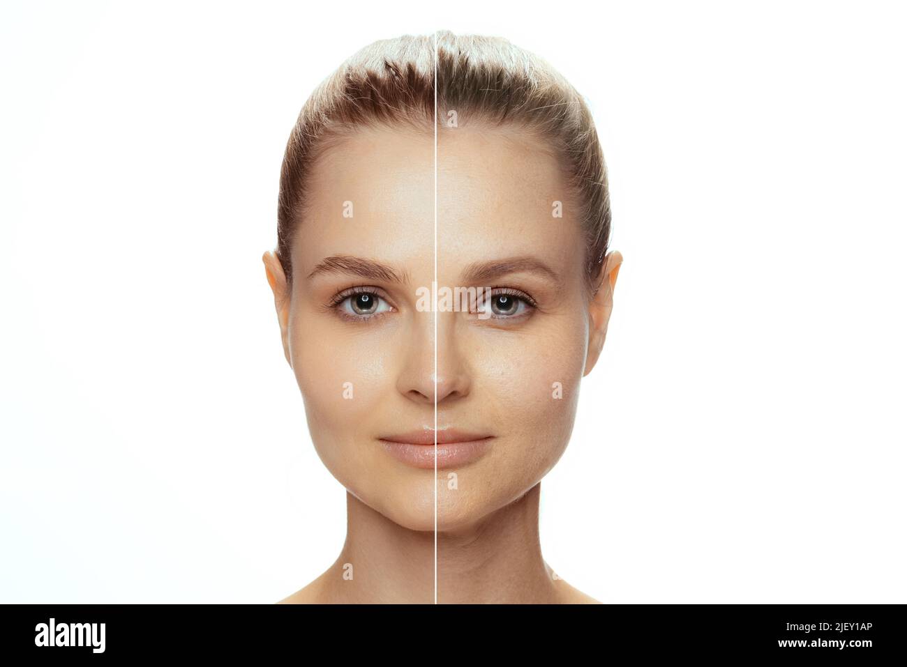 Comparison. Portrait of woman with perfect and wrincled face isolated ...