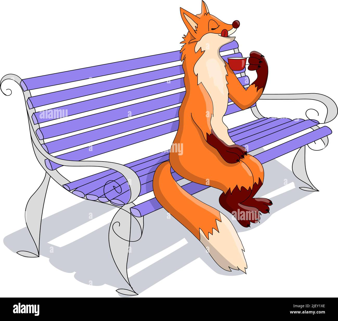 Hand drawn cartoon fox sitting on a bench in the park and drinking ...
