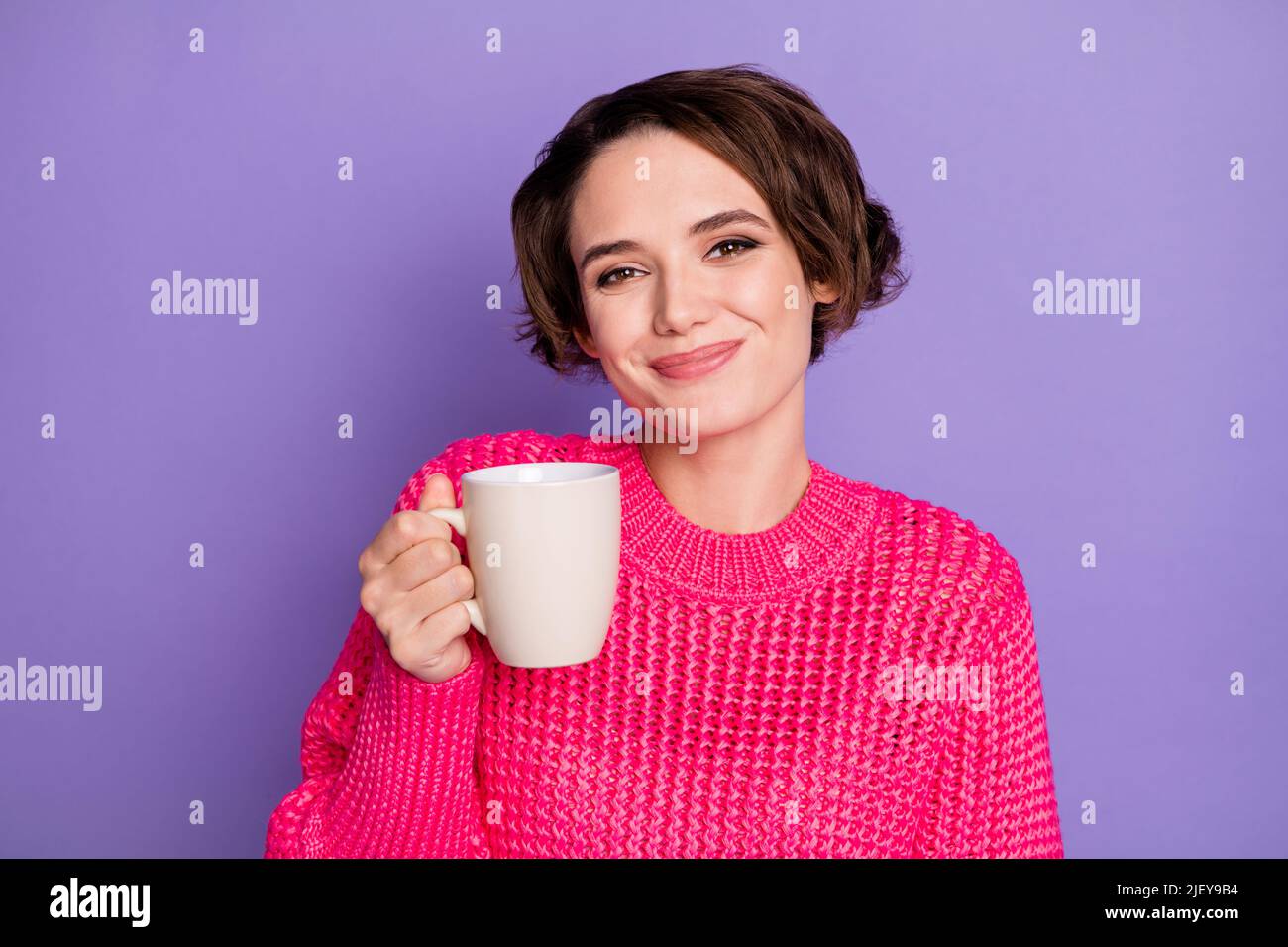 Photo of young attractive girl happy positive smile enjoy morning cup ...