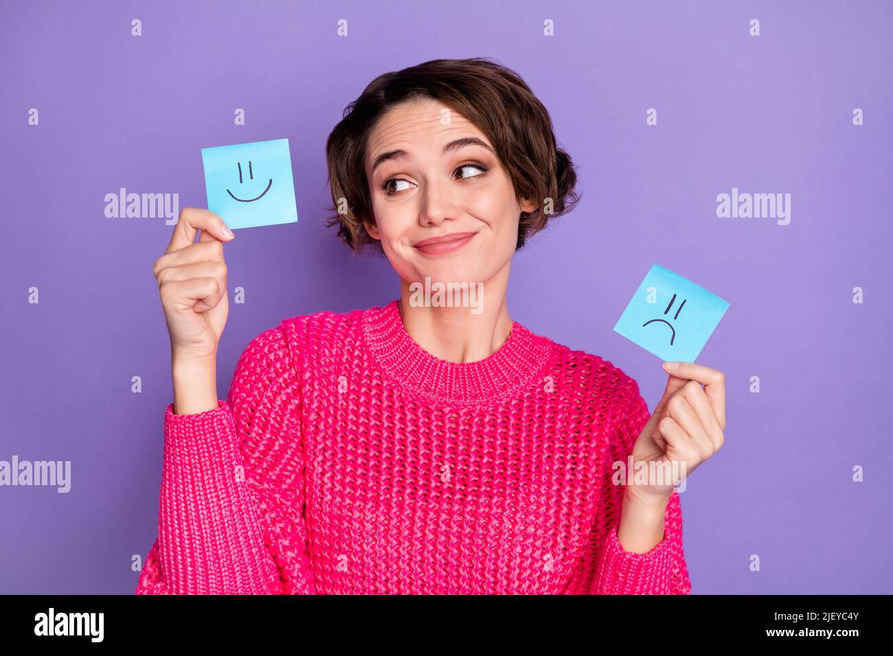 Photo of young attractive girl hold stickers decide look happy positive ...