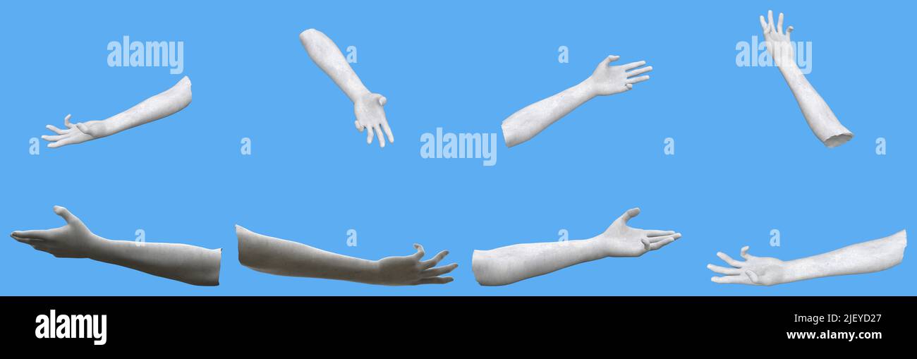8 grey concrete statue hand realistic renders isolated on blue, lights ...
