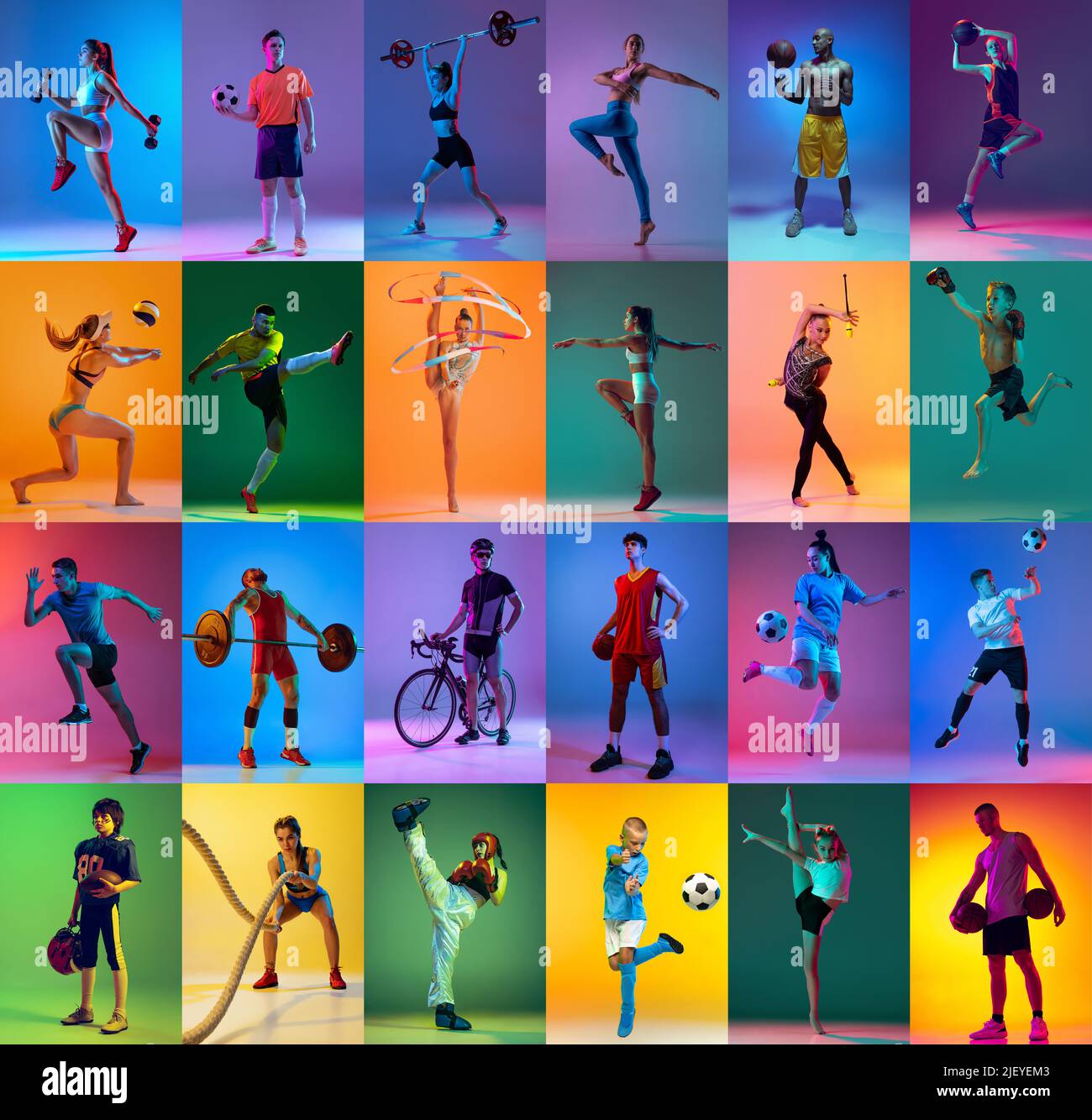 Set of images of different professional sportsmen, fit people and kids ...