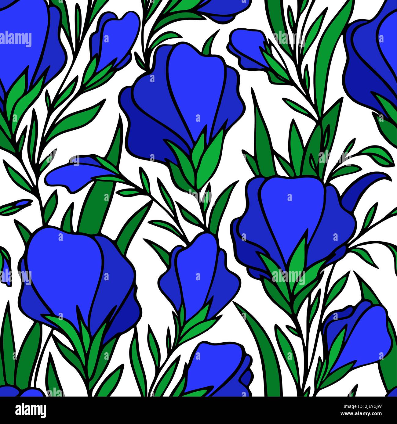 art, seamless pattern of large blue flower buds on a white background ...