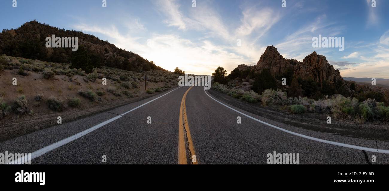 Scenic highway in the mountain landscape. Sunset Sky. State Route 120 ...