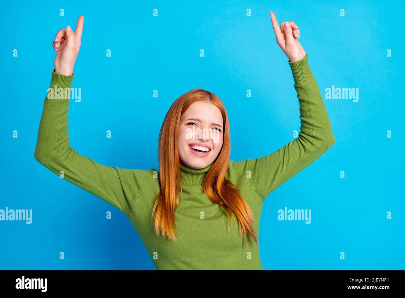 Portrait of attractive cool cheerful girl having fun moving dancing ...
