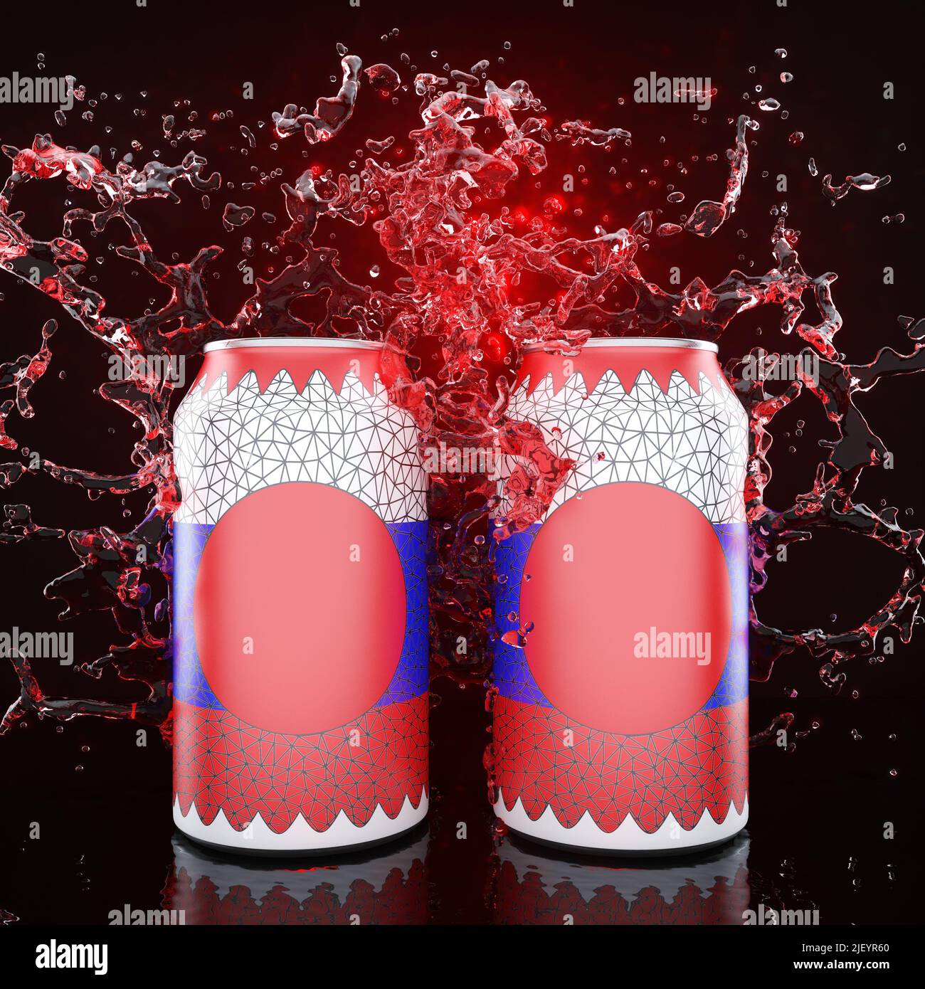 Two patterned tricolor tin cans in bright splashes of sparkling water ...