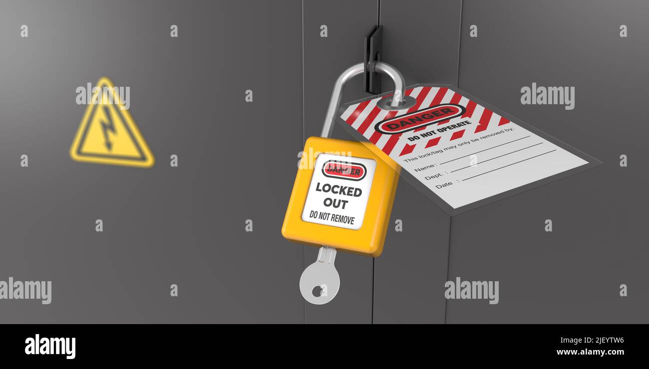 Lock out, tag out with a danger tag 3d render illustration. Danger and ...