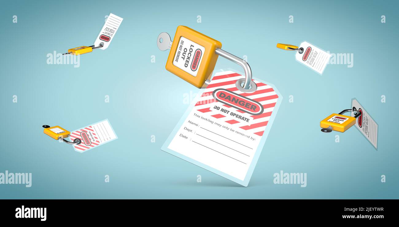 Lock out, tag out with a danger tag 3d render illustration. Danger and ...