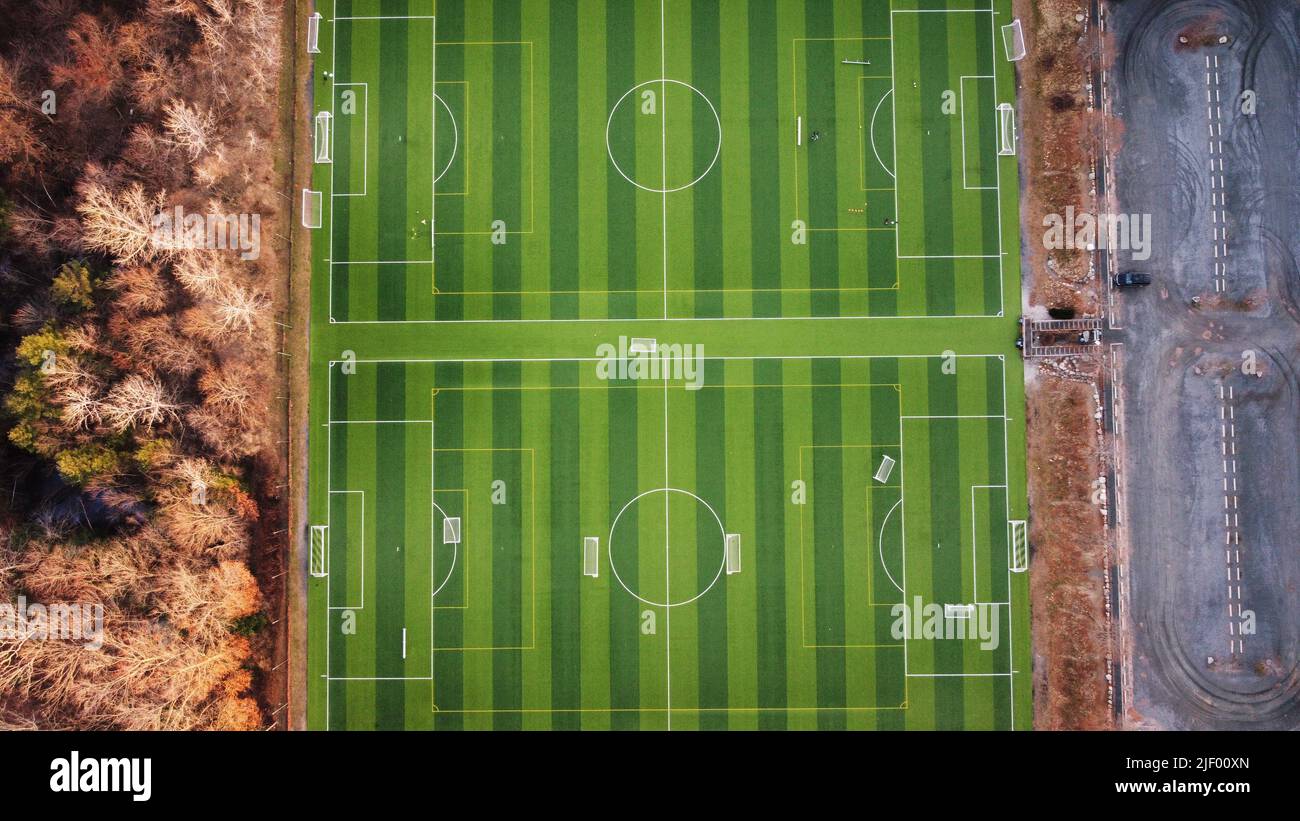Aerial view of an empty soccer field that are waiting to be played on ...