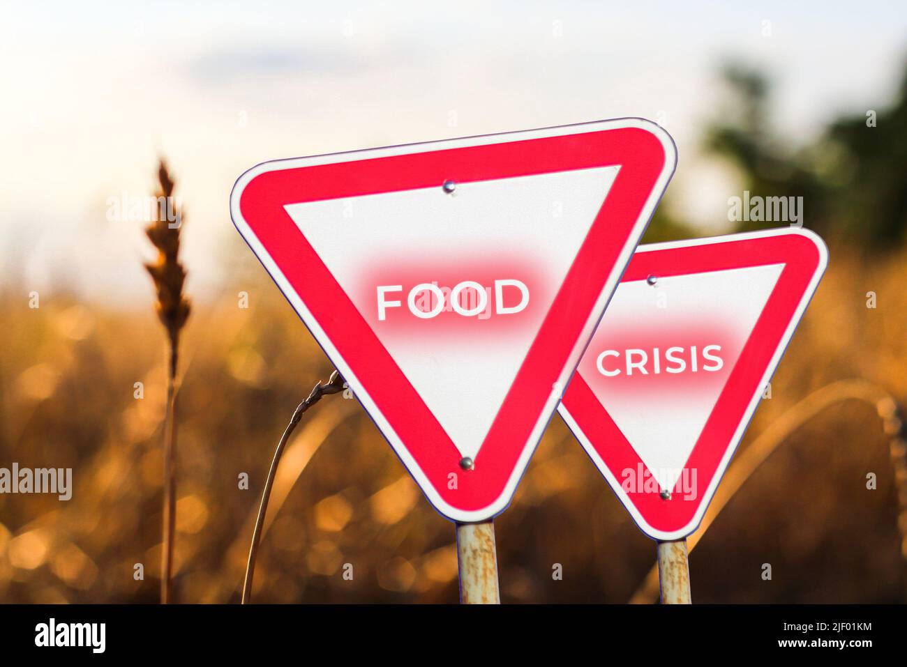 Food crisis concept. Two red road signs. Defocus blank empty triangle ...