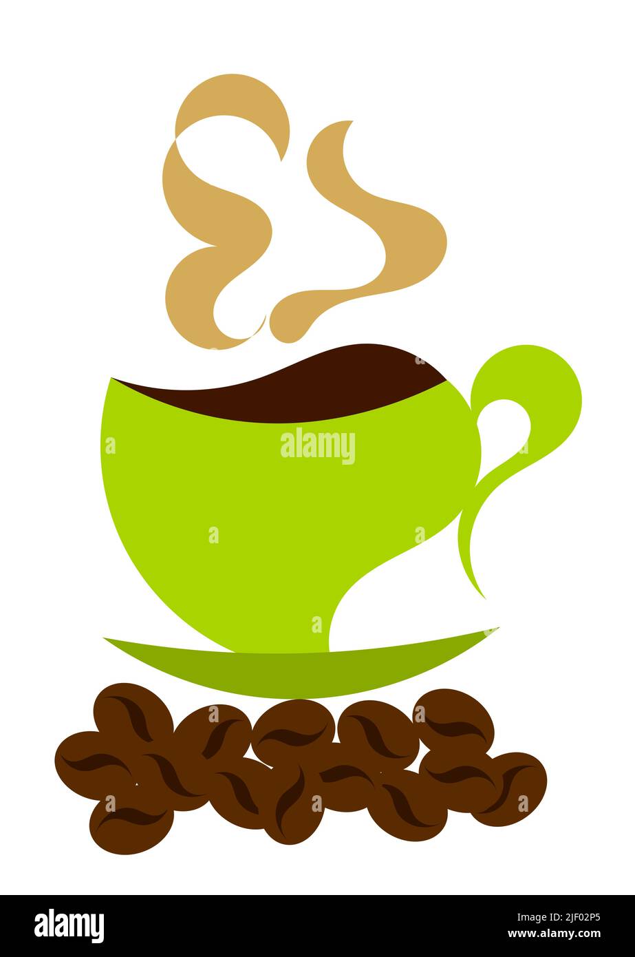 Steaming coffee in green coffee cup and whole beans in cartoon style ...