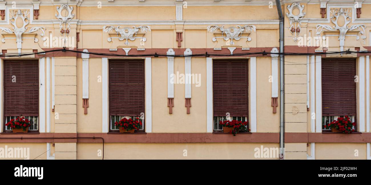 The facade of a building with maroon window shutters and red flowers ...