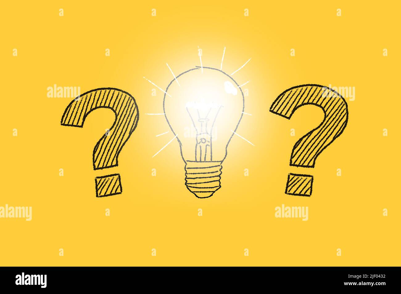 Two question marks with one light bulbs. Hand drawn illustration on ...