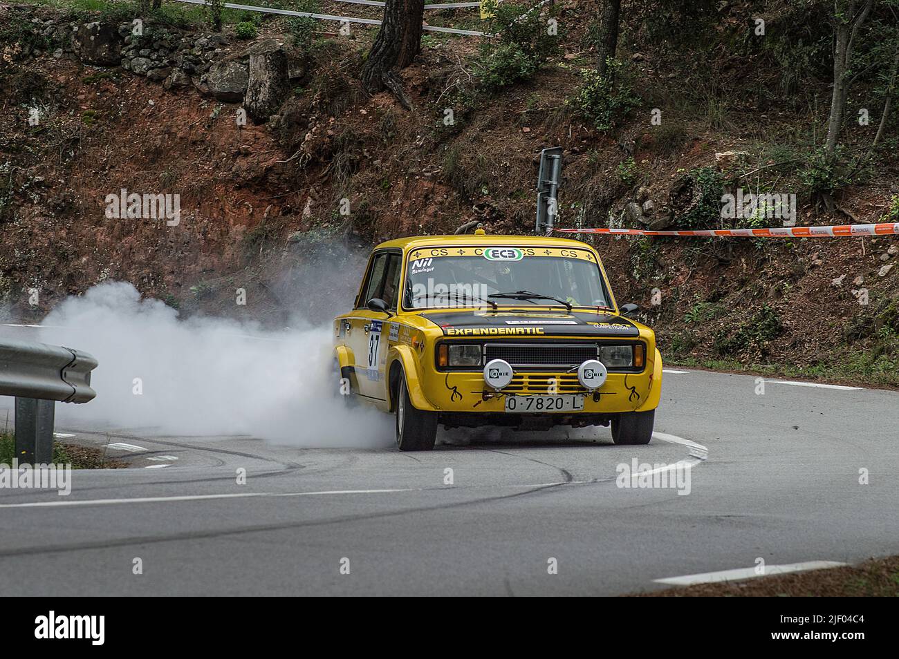 spanish car in the asphalt rally carshing engine. Seat Especial 1800 ...