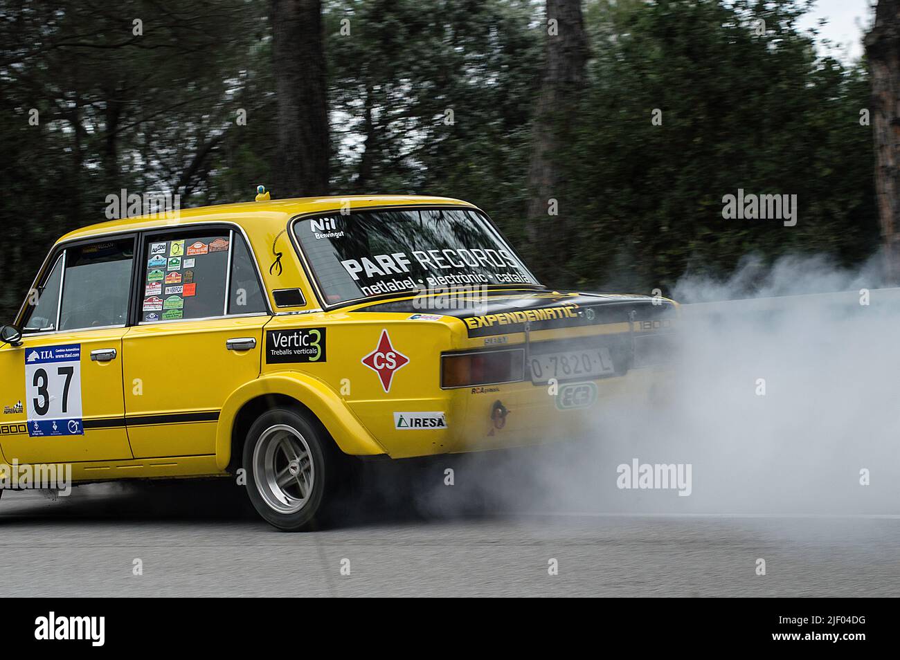 spanish car in the asphalt rally carshing engine. Seat Especial 1800 ...