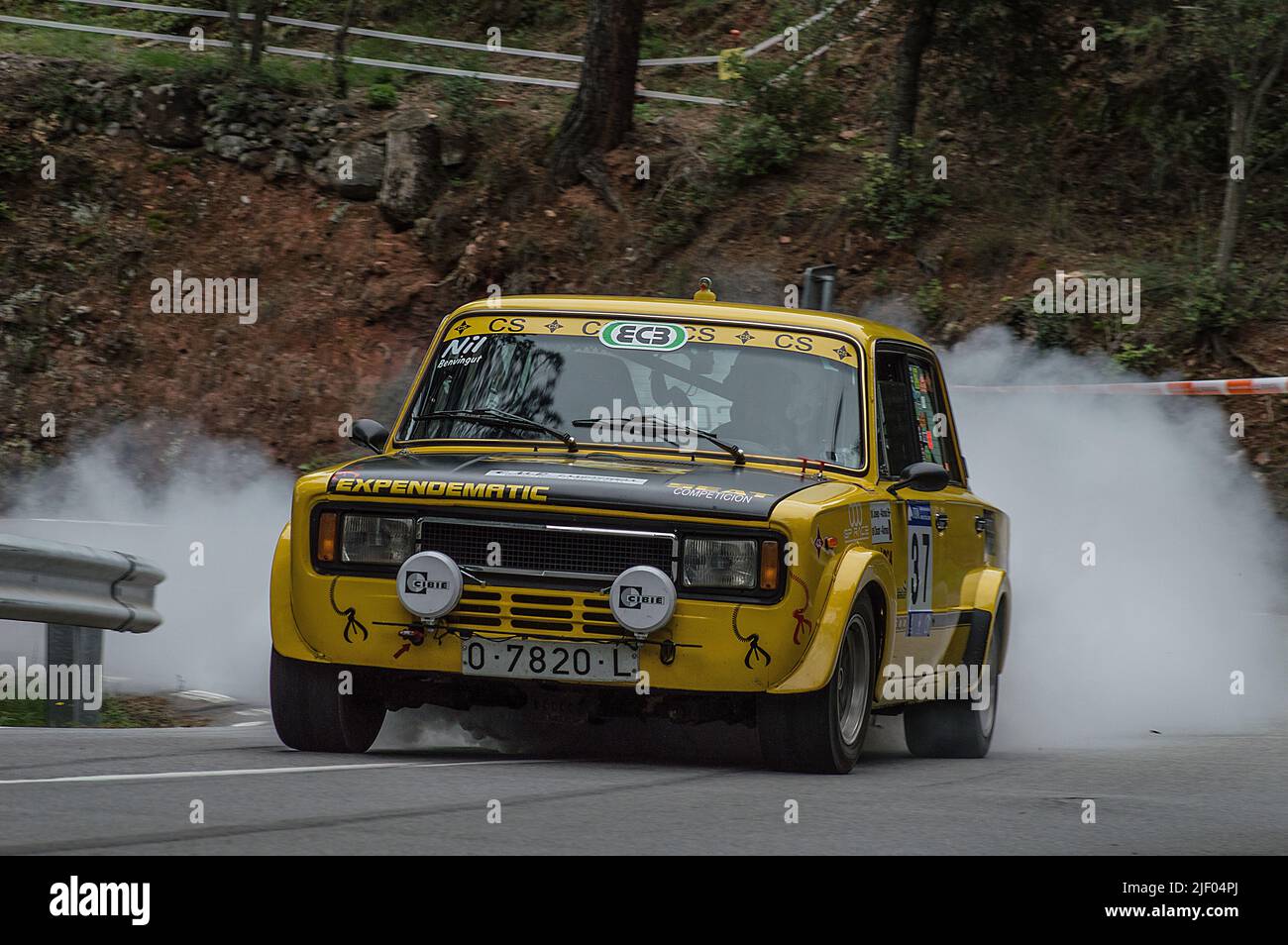 spanish car in the asphalt rally carshing engine. Seat Especial 1800 ...