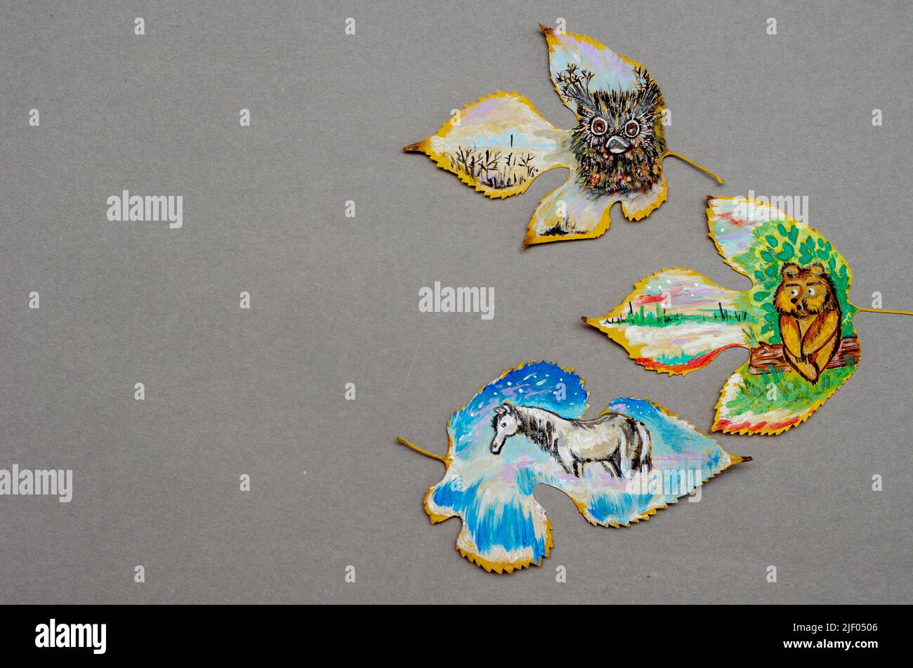 Fallen tree leaves with animals drawn on them. Funny drawings of a bear ...