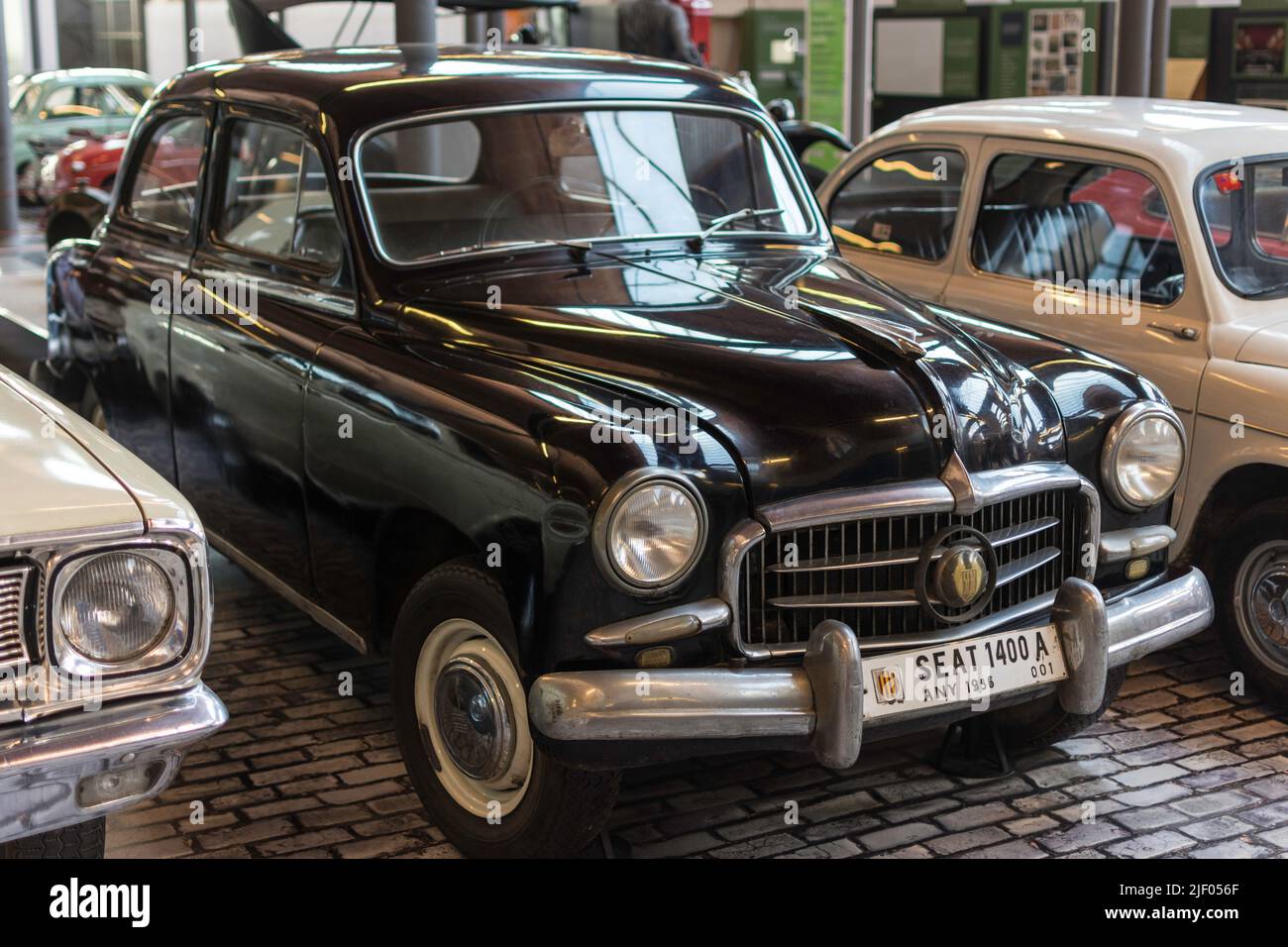 Classic spanish car black color exposed in the museum. Seat 1400 Stock ...
