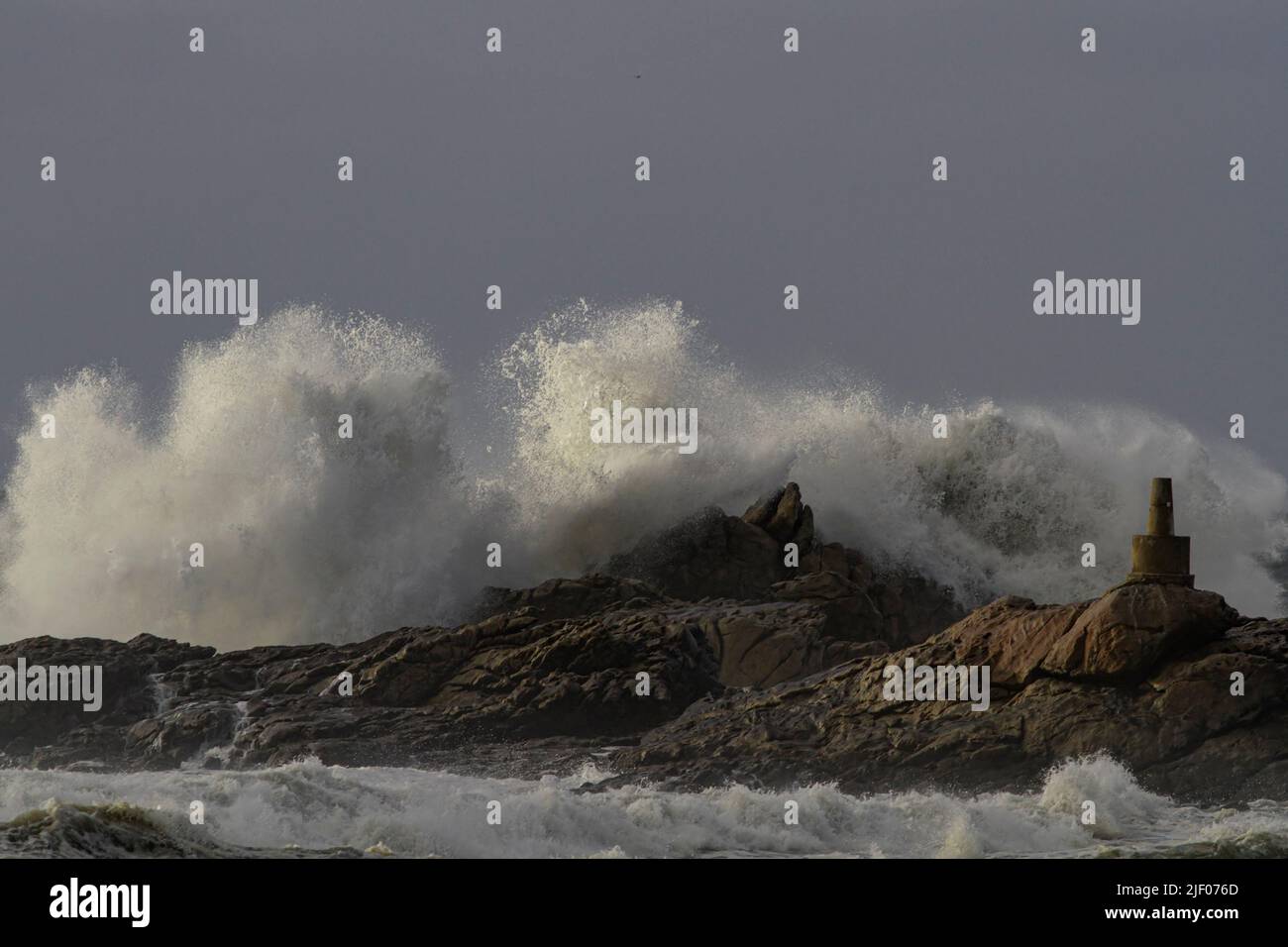 Geodesic landmark under sea storm seeimg big wave splash, northern ...