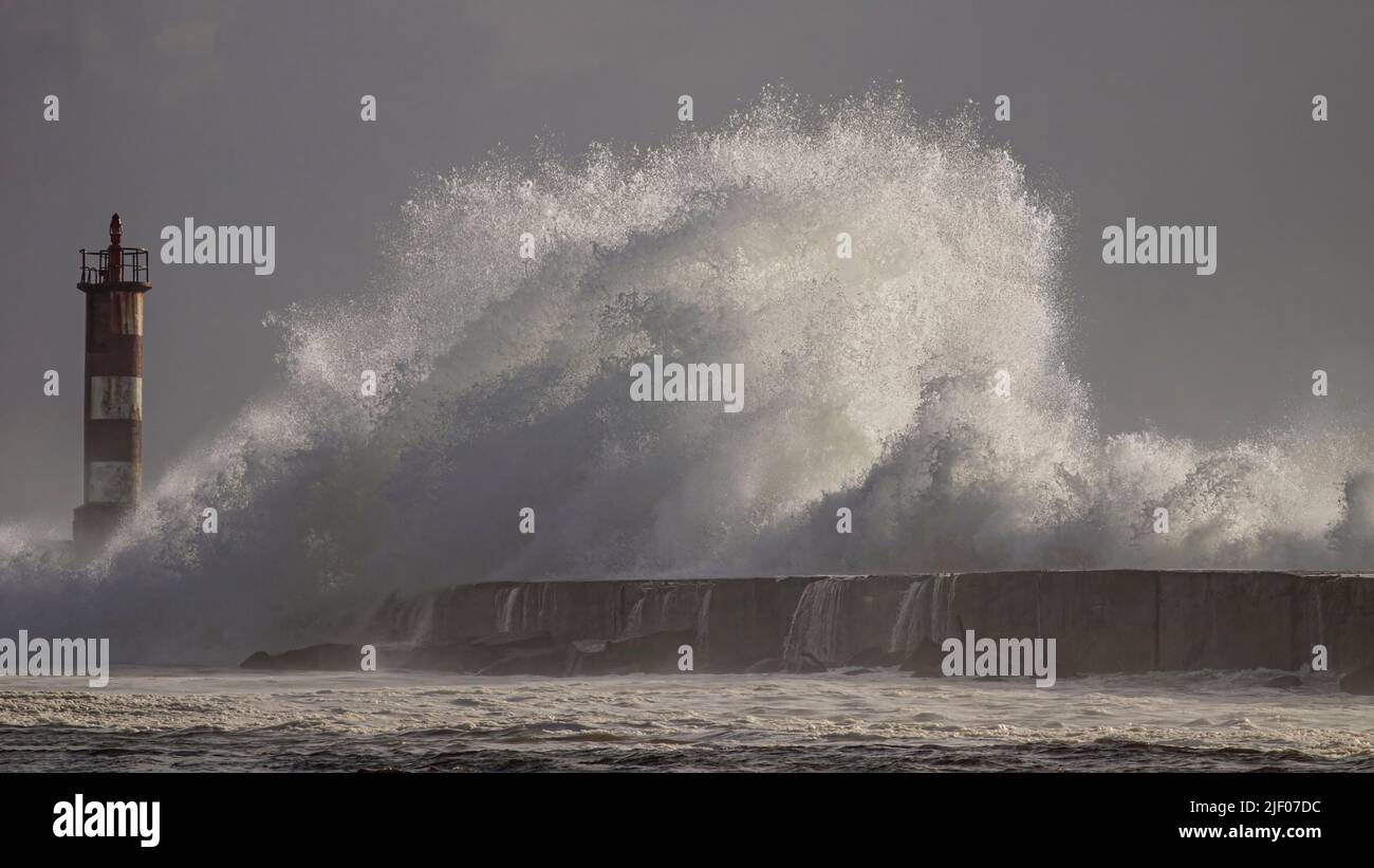 Big stormy wave splash. Ave river mouth, north of Portugal Stock Photo ...