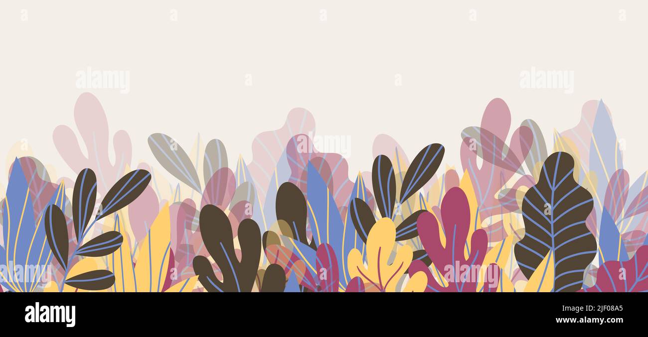 Floral web banner with drawn color exotic leaves. Nature concept design ...