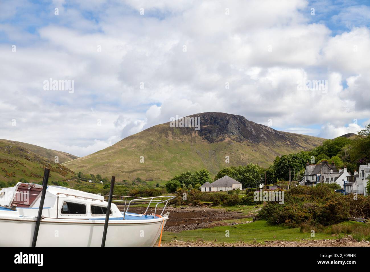 The bay at Lochranza looking towards the hill Torr Nead, Isle of Arran ...