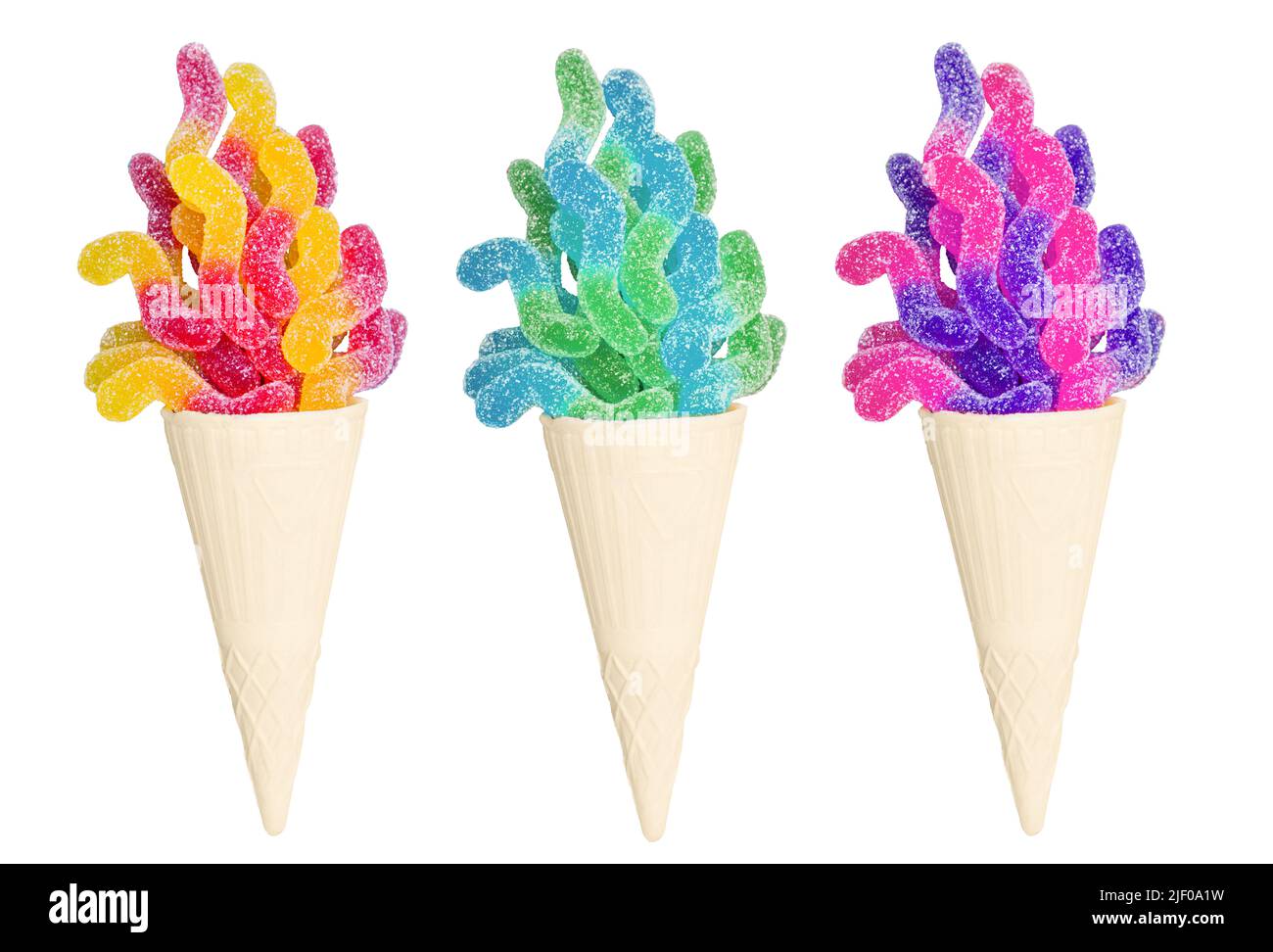 Three Waffle Cone Jelly Worm Ice Creams Isolated On White Background