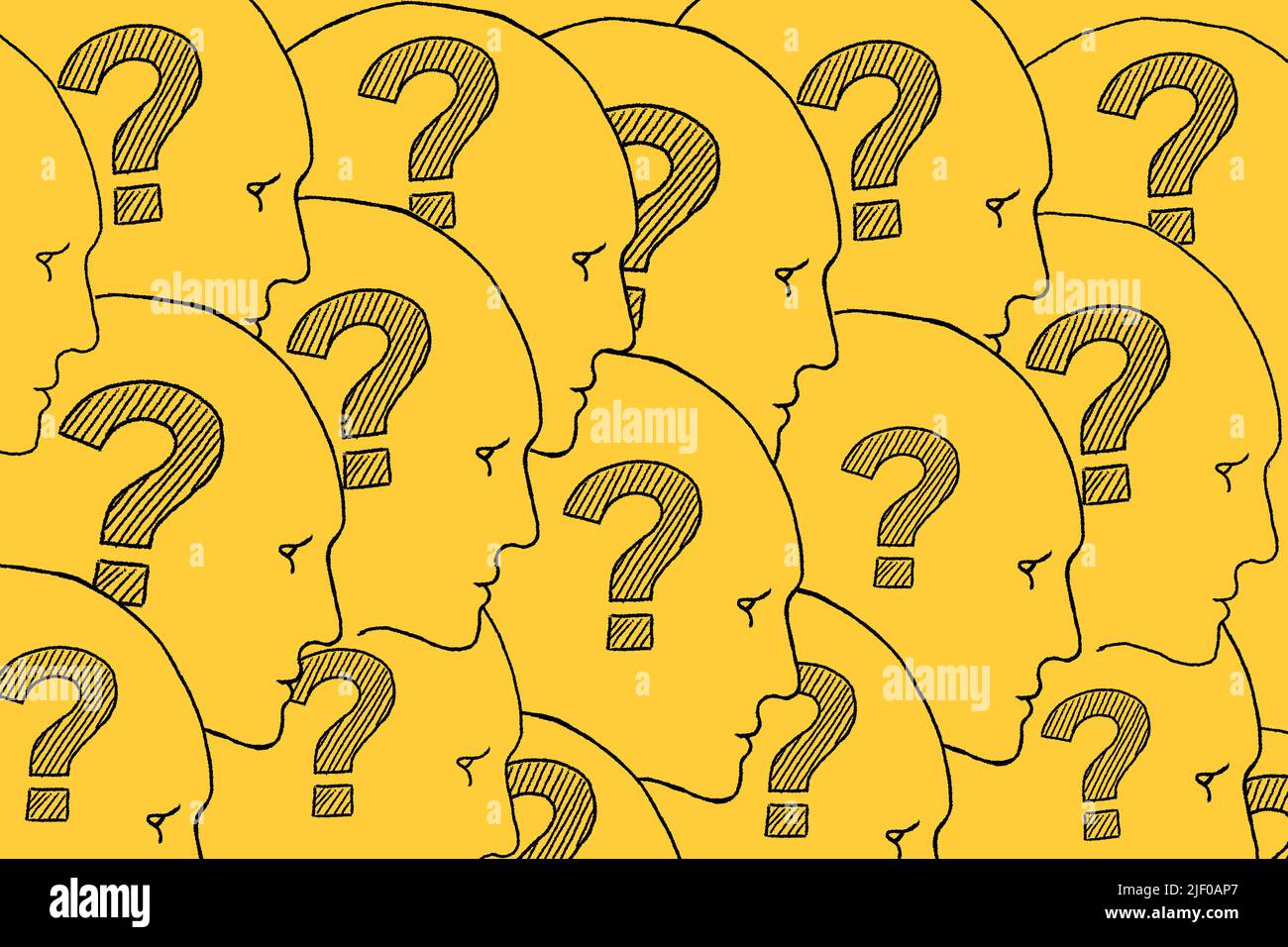 Human faces with question marks inside. Illustration on yellow ...
