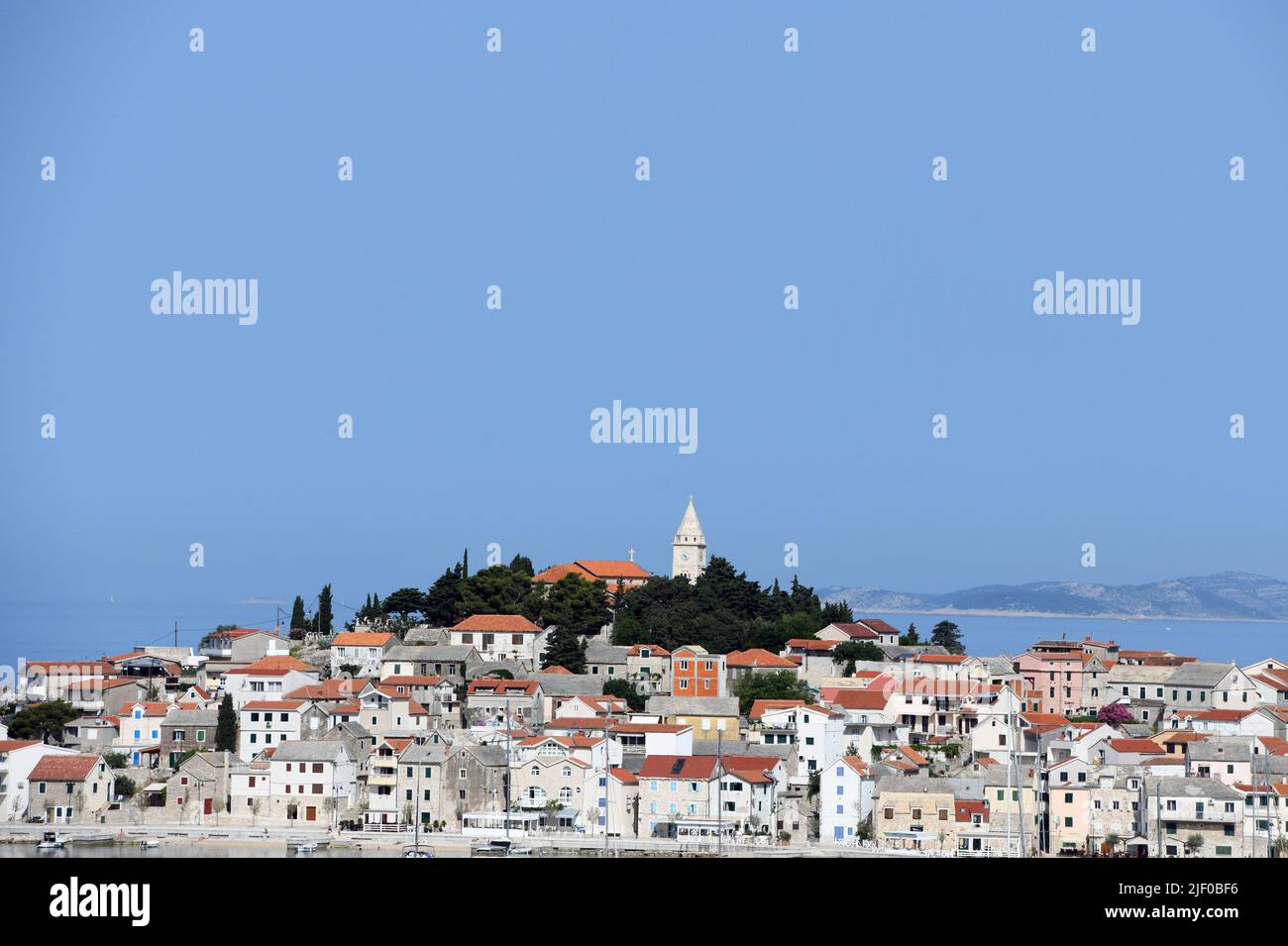 Photo taken on June 28, 2022. shows panoramic view of Primosten, small ...