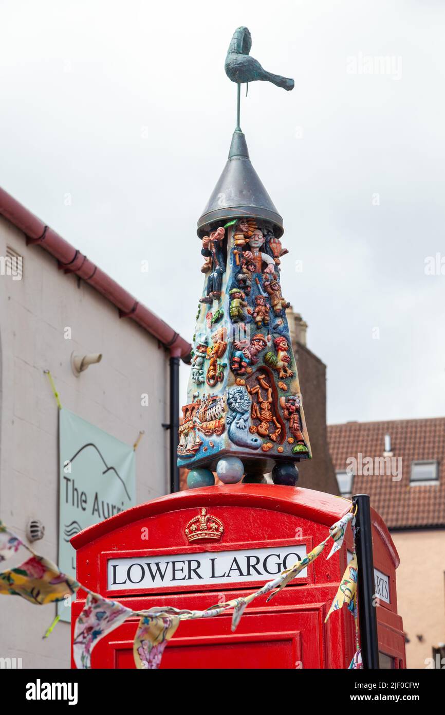 Alan Faulds artwork "The Largo Obelisk" on top of an old red telephone ...