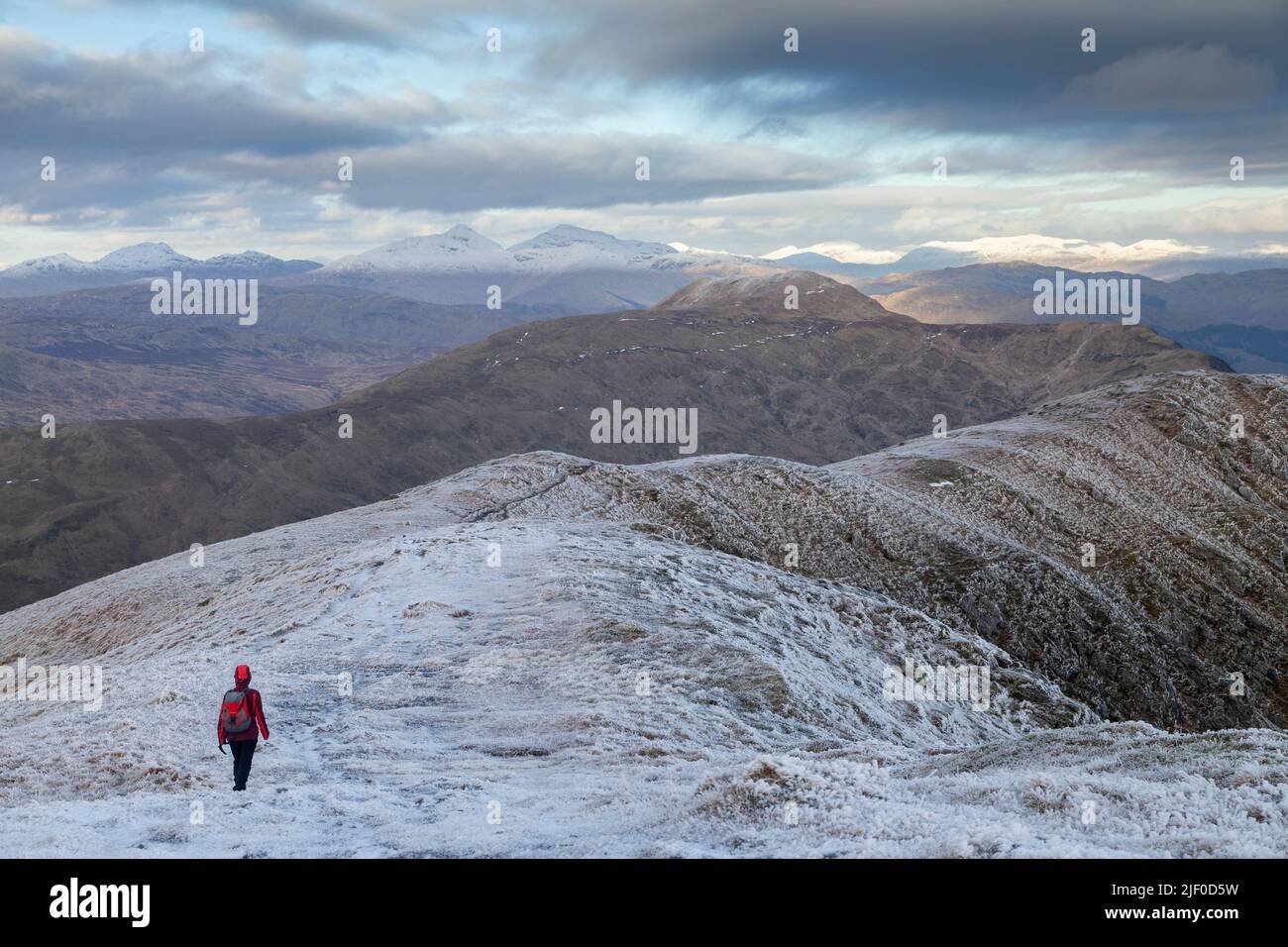 A walker heading North West from the summit of Ben Ledi in the ...