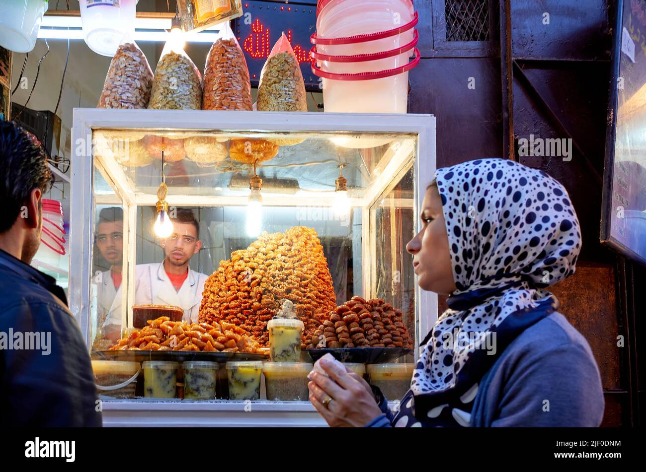 Morocco Fez. Sale of traditional moroccan sweets in the Medina Stock ...