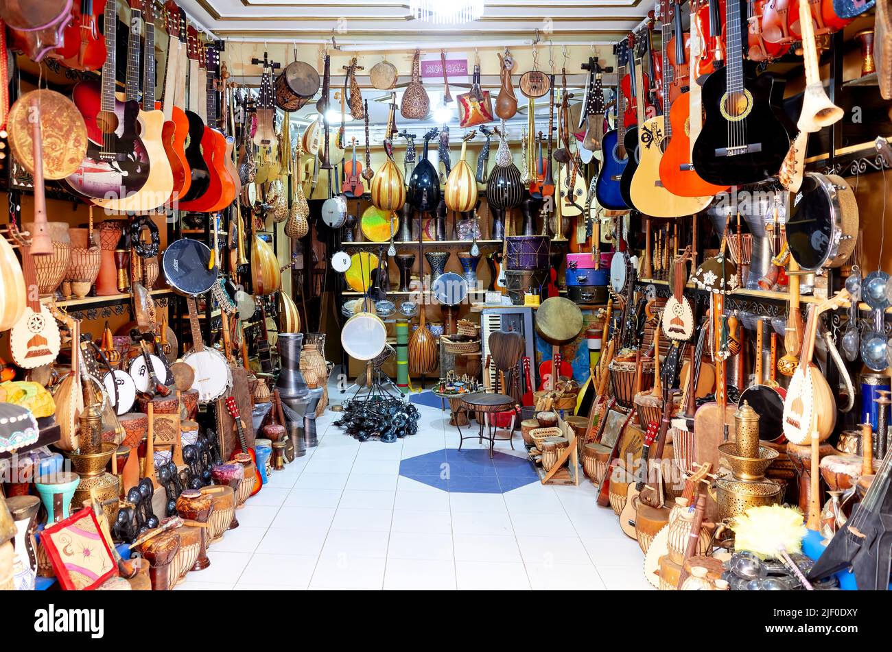 Morocco Fez. Musical instruments shop Stock Photo - Alamy