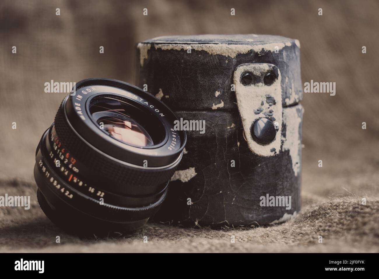 Shot of vintage Pentacon Electric camera lens, made in the DDR. Many ...